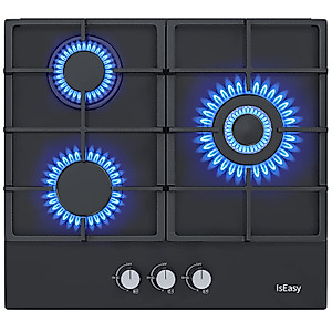 24" Built-in Gas Cooktop, 3 Burner Gas Stovetop, 24 Inch NG/LPG Convertible Natural Gas Propane Cooktops, 3 Burner Gas Stovetop With Thermocouple Protection, Black Tempered Glass-IsEasy