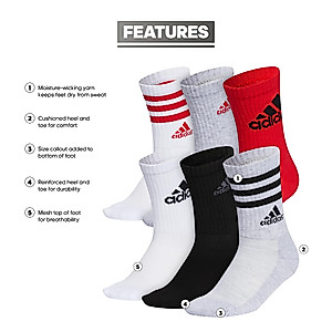 adidas Athletic Cushioned Crew Socks (6 Pairs) Kids Discontinued, Better Scarlet/Cool Light Heather/Black, Medium