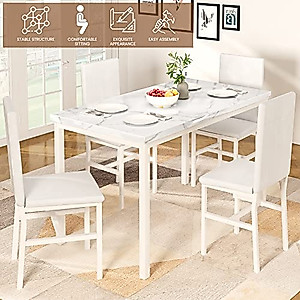 tantohom Faux Marble Dining Table Set, Compact Kitchen Table and Chairs for 4, 5 Pieces Dining Room Table Set with 4 Leather Upholstery Chairs for Small Space, Living Room, Breakfast Nook, All White