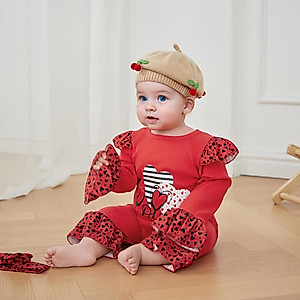 Emmababy Valentines Day Outfit Baby Girl Flared Jumpsuit Heart Print Ruffle Romper Long Sleeve Playsuit Bodysuit Headbands (red, 0-3 Months)