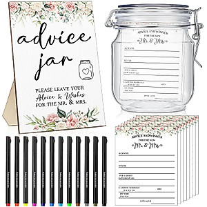 Sintuff 114 Pieces Floral Theme Bridal Shower Party Decor for Guest Include Advice and Wishes for The Mr and Mrs Wedding Advice Sign with Holder 100 Advice and Wishes Cards 12 Pens 1 Pet Jar