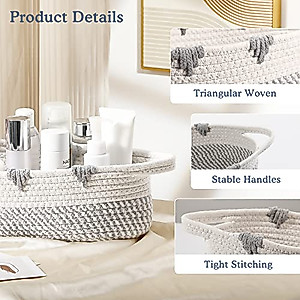 Luxspire Boho Storage Basket, Toilet Paper Basket, Handmade Cotton Rope Woven Basket Toilet Paper Storage Bins Small Organizer with Handle for Bedroom Nursery Bathroom, 13.4" x 6", White + Gray