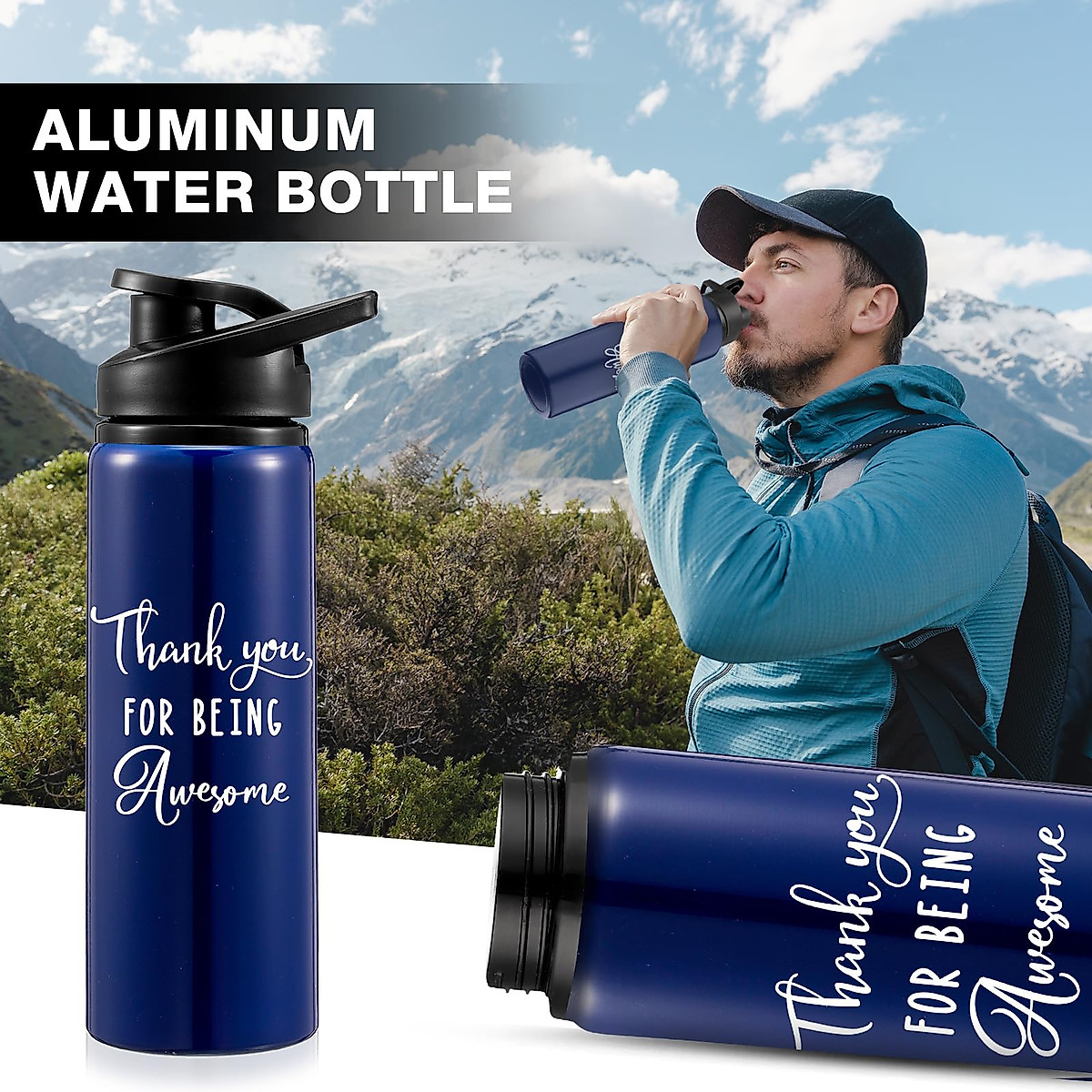 Bokon 24 Pack Thank You Appreciation Gifts Lightweight Aluminum Water Bottle Bulk Reusable Water Bottle with Twist Cap Buckle Leakproof Gym Sports Water Bottle for Camping Hiking (20 oz)