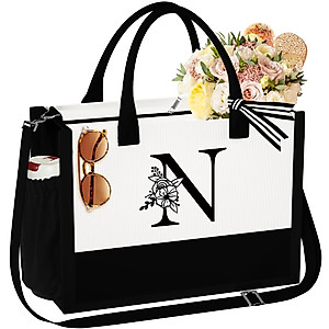 YOOLIFE Gifts for Friends Female - 16oz Canvas Initial N Tote Bag for Women with Pocket Tote Bag Personalized Gifts for Bridesmaids Friends Mom Sister Wedding Birthday Gifts Grocery Bag Gifts Bag
