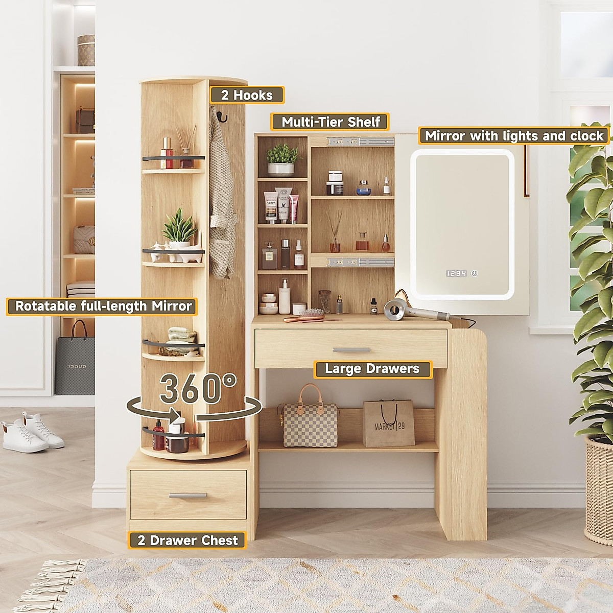 Natural Vanity Desk with Full Length Mirror and Lights Mirror Makeup Vanity Table with 2 Storage Drawers Dressing Table for Bedroom with Power Outlet,Charging Station,Hooks Hidden,Shelves,Natural