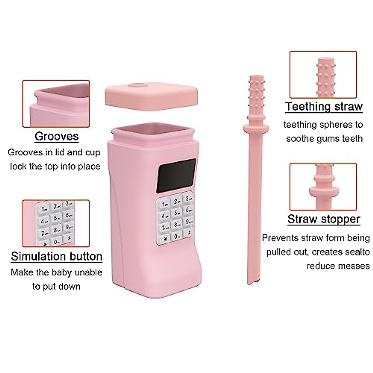 ZFQQ 100% Silicone Baby Training Cup With Teething Straw, Three Optional Colors | Spill Proof Silicone Toddler Cups | Baby Drinking Cup With Straws And Lid 6.8 Oz, For 6+ Months, Bpa-Free (Pink)