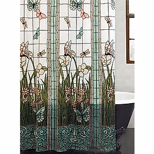 EZON-CH Waterproof Shower Curtain Stained Glass Meadow Flower Dragonfly Print Polyester Fabric Bath Curtain Home Hotel Apartment Bathroom Shower Curtain 72x72IN