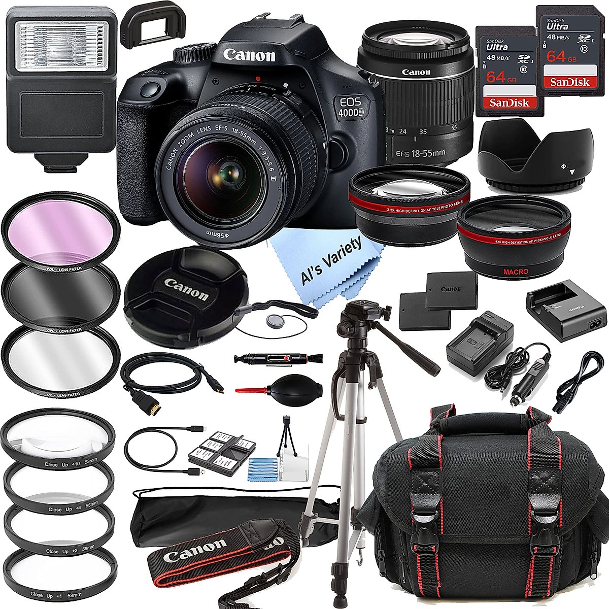 Canon EOS 4000D (Rebel T100) DSLR Camera w/EF-S 18-55mm F/3.5-5.6 Zoom Lens + 128GB Memory + Case + Tripod + Filters (36pc Bundle) (Renewed)
