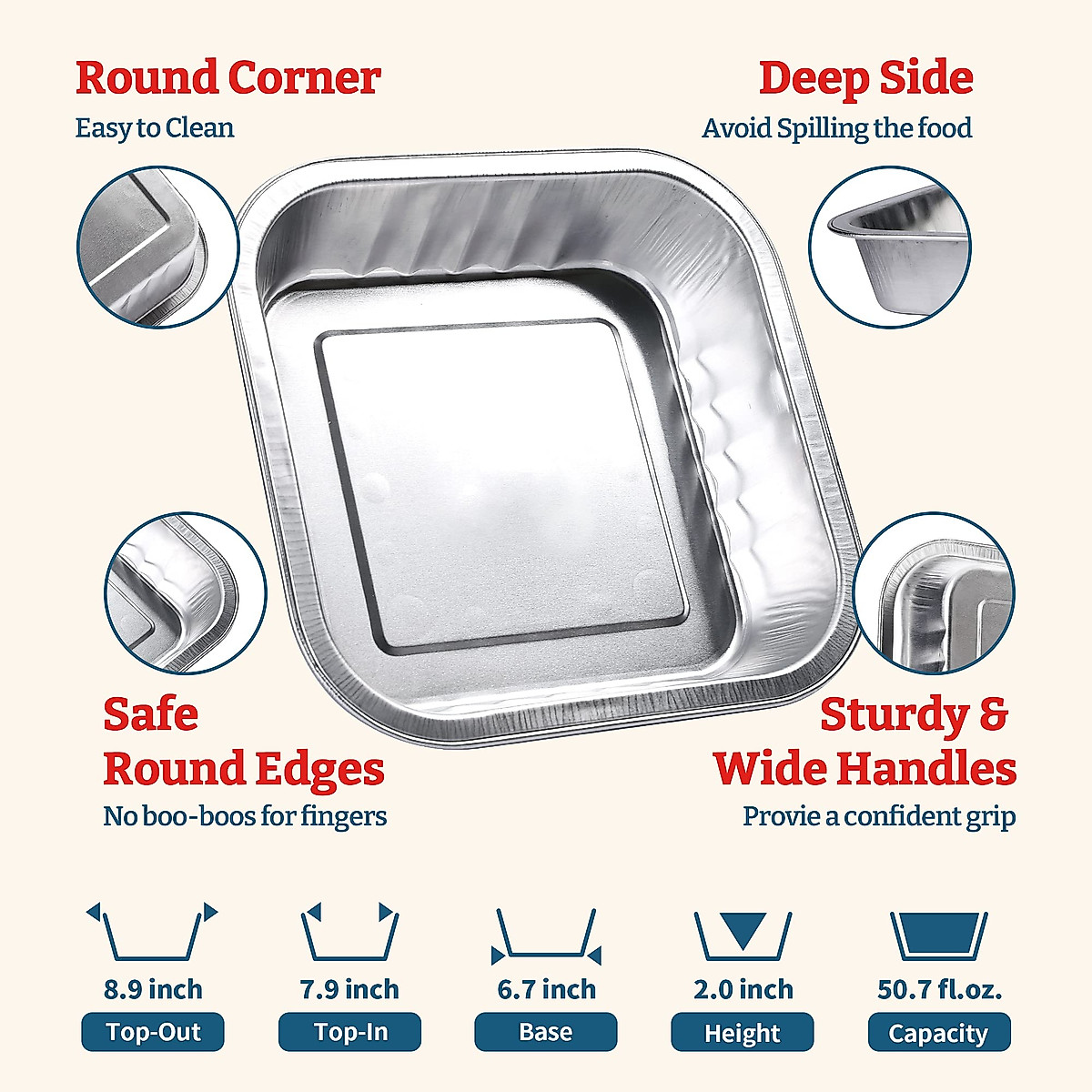 8 Inch Square Baking Pans (15 Pack) | Disposable Aluminum Foil Pans | 3X Thicker Tin Food Containers for Oven, Freezer | Reusable Trays for Cooking | Deep Bakeware for Casserole, Lasagna, Cake, Pie