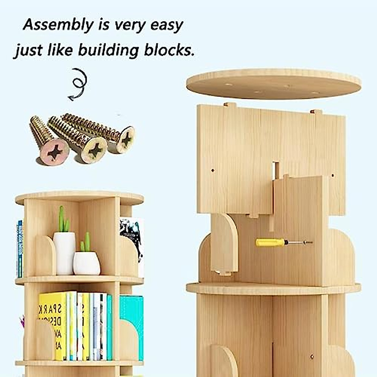 Gdrasuya10 Upgraded 3 Tier Rotating Bookshelf with Legs, Stackable Bookshelf Standing Bookcase Book Organizer Storage Shlef Wooden Bookshelves Easy Assemble for Bedroom Study Room