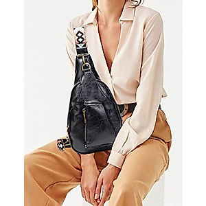 Ocahuel Women Sling Bags Crossbody Chest Bag Purse Leather Wide Guitar Strap Satchel Daypack Retro Shoulder Backpack Travel Hiking Black