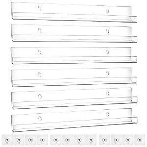 QWORK 15 Inch Invisible Acrylic Floating Wall Ledge Shelf, 6 Pcs, Transparent Wall Mounted Book and Storage Shelves for Nursery, Bathroom, and Kitchen