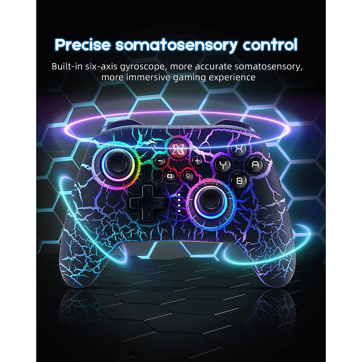 BINBOKPLAY Switch Controller, Wireless Switch Pro Controller for Switch/Switch Lite/Switch OLED, RGB Adjustable LED Wireless Remote Gamepad with Unique Crack/Motion control/Turbo/ALPS Joystick (Black)