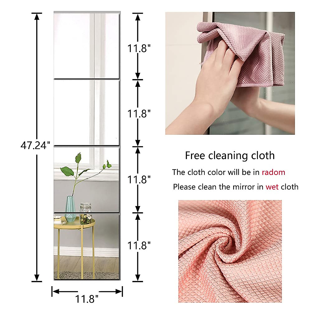 Full Body Wall Mirrors Tiles Stickers, 4pcs 12"x12" Acrylic Plexiglass Mirror Wall-Mounted Full Length Frameless Hanging Door Large Long Mirror Workout Gym Mirror for Walls Dorm Tile Self Adhesive