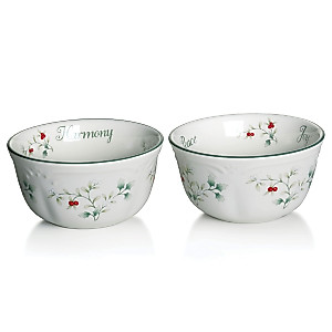 Pfaltzgraff Winterberry Round Sentiment Dessert Bowls, Set of 2, White