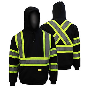 New York Hi-Viz Workwear H8313 Men's ANSI Class 1 High Visibility Sweatshirt, Hooded Pullover, Knit Lining (2XL, Black, 1ea)