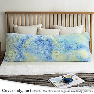 XeGe Rainbow Shaggy Faux Fur Body Pillow Cover, Tie Dye Fluffy Bed Pillow Case with Zipper Closure, Soft Decorative Plush Long Pillow Sham, Fuzzy Hug Pillow for Kids Children Girls Women 20"x54" Blue