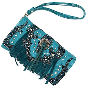 Justin West Floral Embroidery Rhinestone Turquoise Concho Buckle Leather Fringe Shoulder Concealed Carry Handbag Purse Wallet (Turquoise Handbag and Wallet)