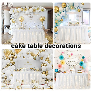 leegleri White Tulle Table Skirt for Baby Shower,6FT White Ruffle Tutu Table Skirt with LED Light for Wedding Bridal Shower Baby Shower Baptism Birthday Party Banquet Decoration