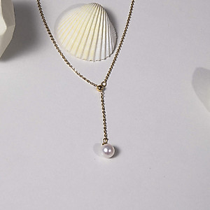 Cowlyn Y-Shaped Necklace 18K Gold Dainty Pearls Pendant Drop Long Chain Jewelry for Women