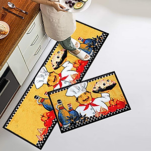 FAMIFIRST Kitchen Rug 2 Piece Non Slip Kitchen Mat Latex Backing Door Mat Floor Mat Kitchen Decor Set, 16''x47''+16''x23'', Noodle Chef