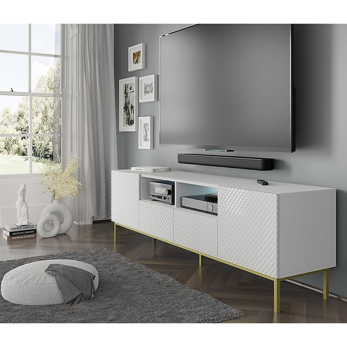 Homlando Ravenna C TV Stand 79" – Lowboard TV Cabinet – Gaming Center for TVs Up to 85” – LED TV Unit - TV Entertainment – Center with Storage for Living Room – White Matte with White Gloss Fronts