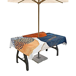 Outdoor Tablecloth with Umbrella Hole and Zipper,Mid Century Terracotta Abstract Geometry Waterproof Tablecloths for Rectangle Tables,Washable Table Cloth Burnt Orange Navy Block Gold Line 60x84in