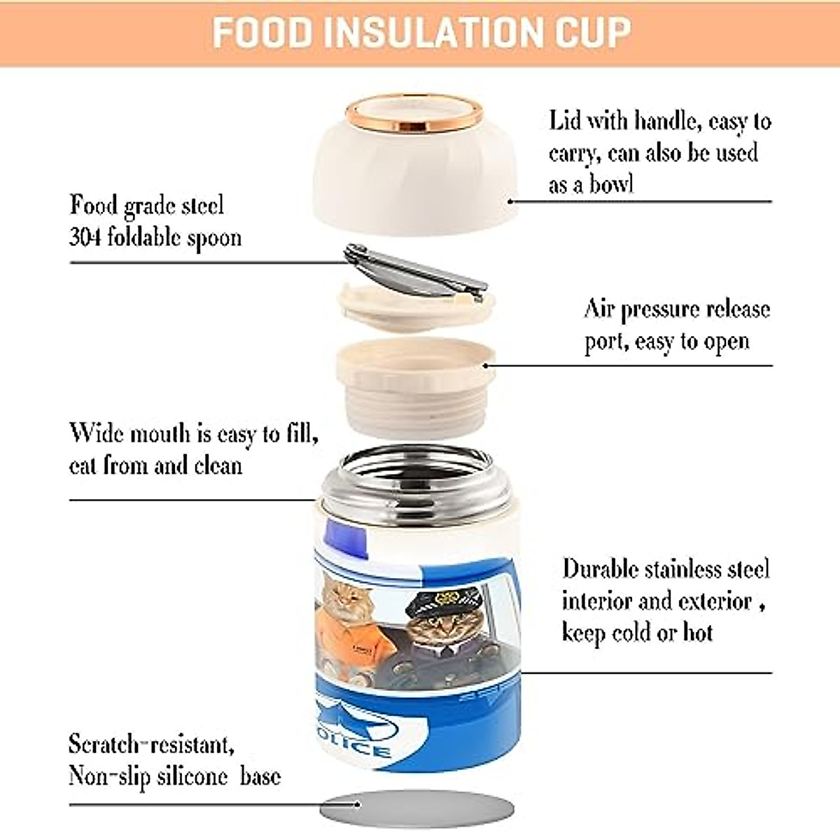 CUPADA Police Cats Funny Food Jar, 3d Cute Kitten Insulated Hot Food Jars Vacuum 17OZ with Folding Spoon for Work Trip Picnic Camping