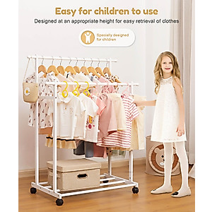 Cozivolife Kids Clothing Rack Bamboo with 2 Hanging Rods and 4 Hooks, Kids Dress Up Rack on Wheels, Small Child Garment Rack for Playroom,Toddlers Bedroom (White)