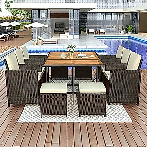 Merax 11-Piece Patio Furniture Set, All-Weather PE Wicker Dining Table Set with Wood Tabletop, Foldable 6 Chairs and 4 Stools, Space-Saving Design, Brown Rattan Beige Cushions Zippered