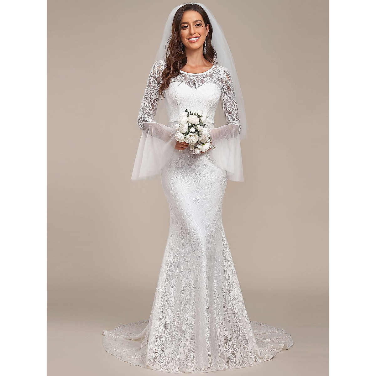 Ever-Pretty Women Lace Flare Sleeve Long Bridesmaid Dress Evening Party Dress White US16