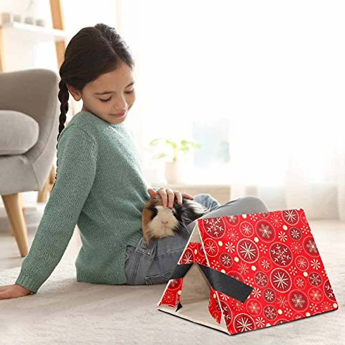 Y-DSIWX Guinea Pig Hideout Cozy Hamster House Cave for Bunny Chinchilla Hedgehog Small Animal Red Christmas Snowflake Pattern