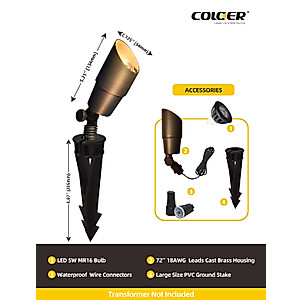 COLOER Die-cast Brass Low Voltage Spotlight 1-Pack with 5W Aluminum Housing MR16 LED Bulb 2700K 450LM CRI85+,12V AC/DC Outdoor Landscape Lighting, Directional Garden Patio Spot Up Light(101B)