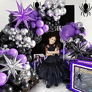125pcs Purple and Black Balloon Garland Arch Kit, Sliver Confetti Metallic Purple Balloons for Graduation Halloween Birthday Party Decorations