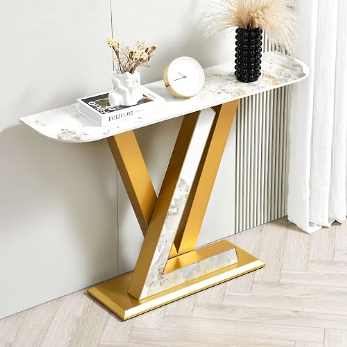 FRITHJILL 47.2" Modern Console Table with Metal Frame, Adjustable Foot Pads, and Sintered Stone Top for Entryway, Hallway, Living Room, and Office, Gold