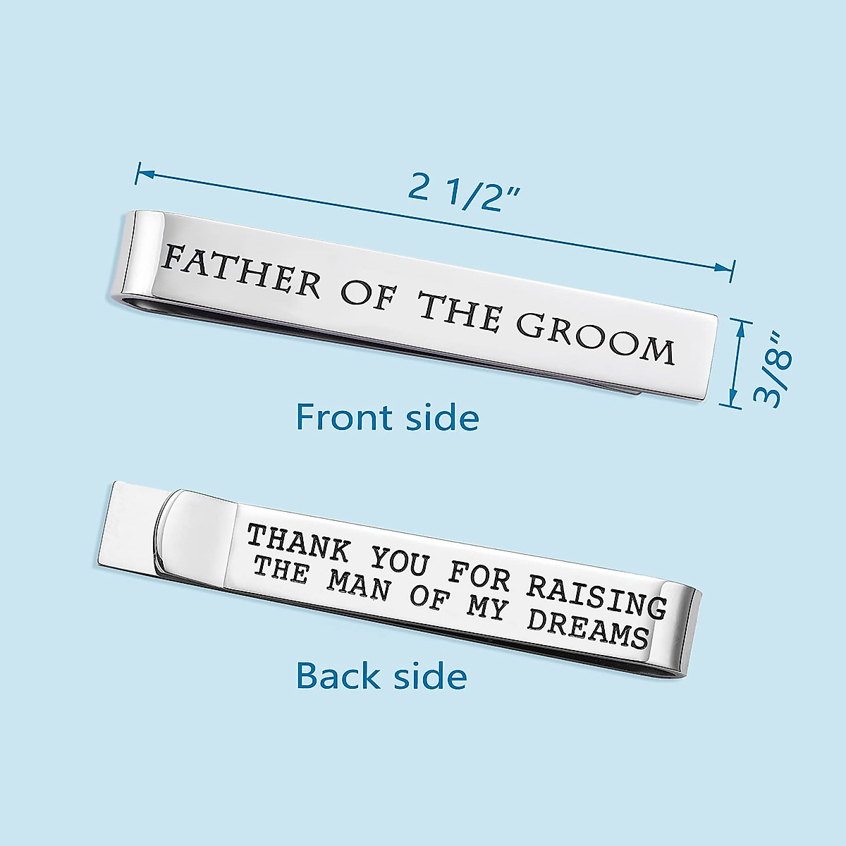 Father of the Groom Gifts Wedding Tie Clips Gifts for Groomsmen From the Bride Stainless Steel Tie Bars Polished Finish 3/8 Inch Wide 2 Inches Long