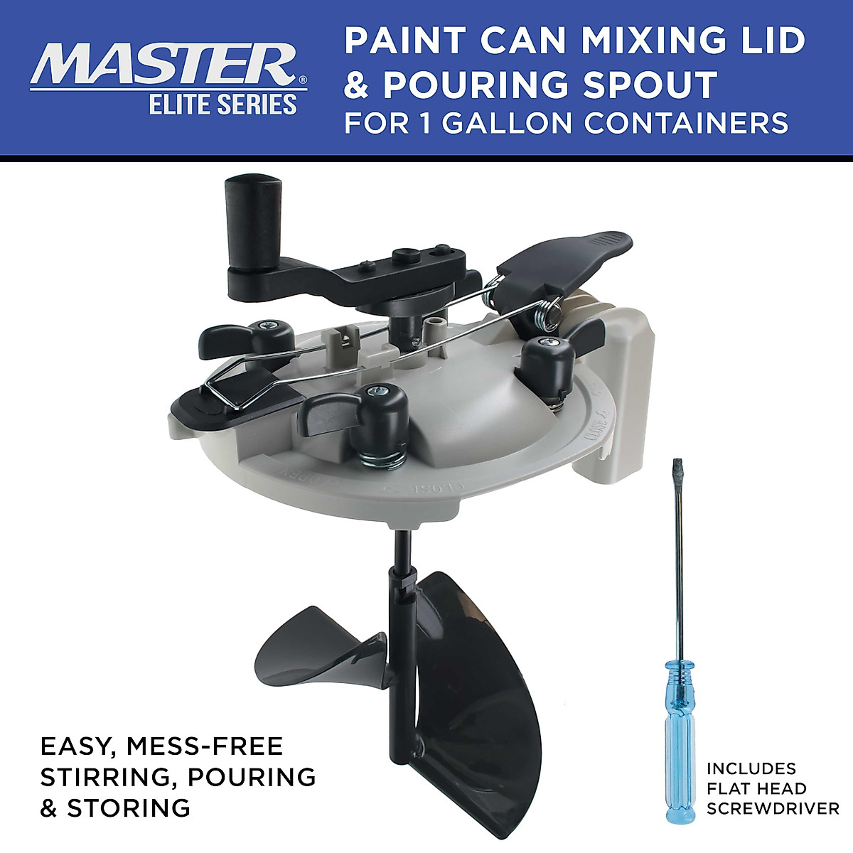 Master Elite Paint Can Mixing Lid & Pouring Spout, 1 Gallon Size - Mix Blade for Easy, Mess-Free Stirring, Pouring, Storing - Pistol Grip Handle, Stir with Hand Crank, Drill, Paint Mixing Machine