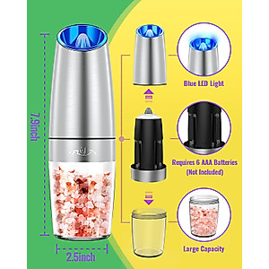 Rongyuxuan Gravity Electri Salt and Pepper Mill Set,Pepper Grinder with Ceramic Rotor,Acrylic Container,Stainless Steel Middle,Blue LED Light,Battery Powered,Adjustable Coarseness,One Hand Use,Sliver