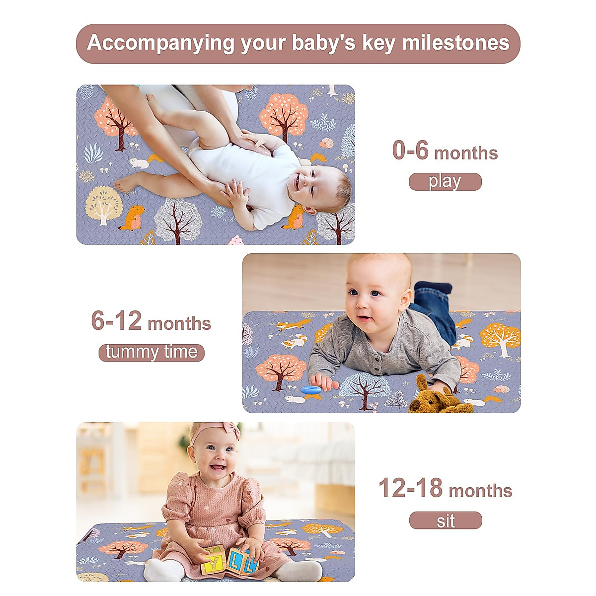 MIIMER Washable Baby Play Mat Portable Playmat for Babies 63x43”, Foldable Toddler Playpen Mat Non-Slip Baby Tummy Time Mat, Soft Floor Play Mats for Infants Extra Large Crawling Mat Grey Forest