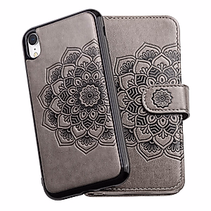 Vofolen Case for iPhone XR Case Wallet Card Holder Leather PU Flip Cover Folio Detachable Magnetic Slim Shell Dual Layer Heavy Duty Protective Bumper Armor Wristband for iPhone XR 10R Mandala Grey