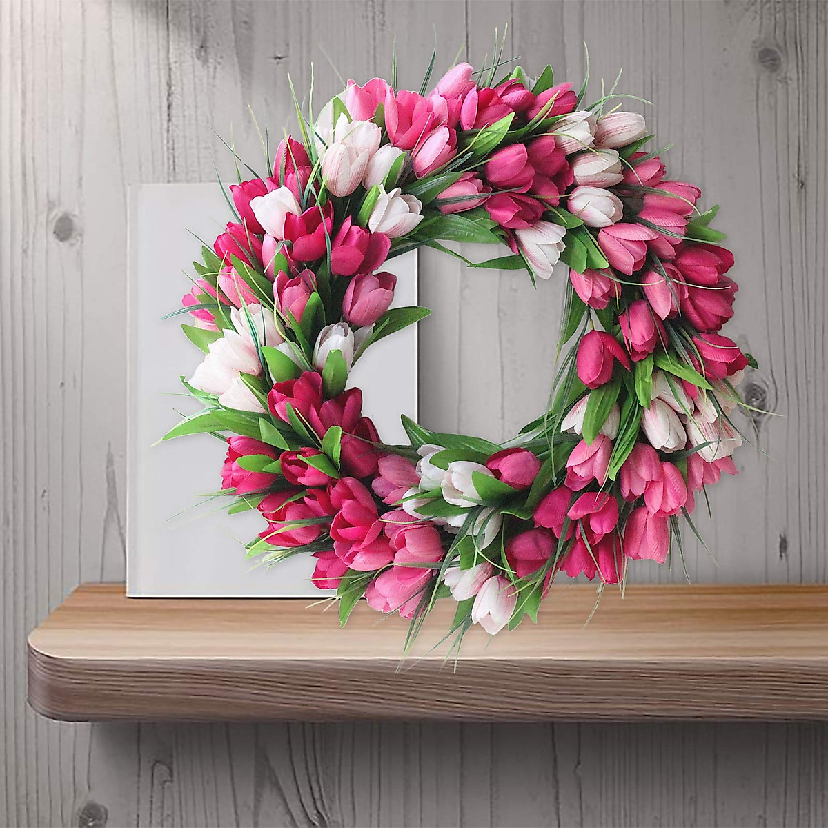 WDDH Artificial Tulip Wreath, 12inch Round Front Door Tulip Wreath with Rattan Base, Spring Tulip Floral Wreath for Wedding Arch Home Garden Decor