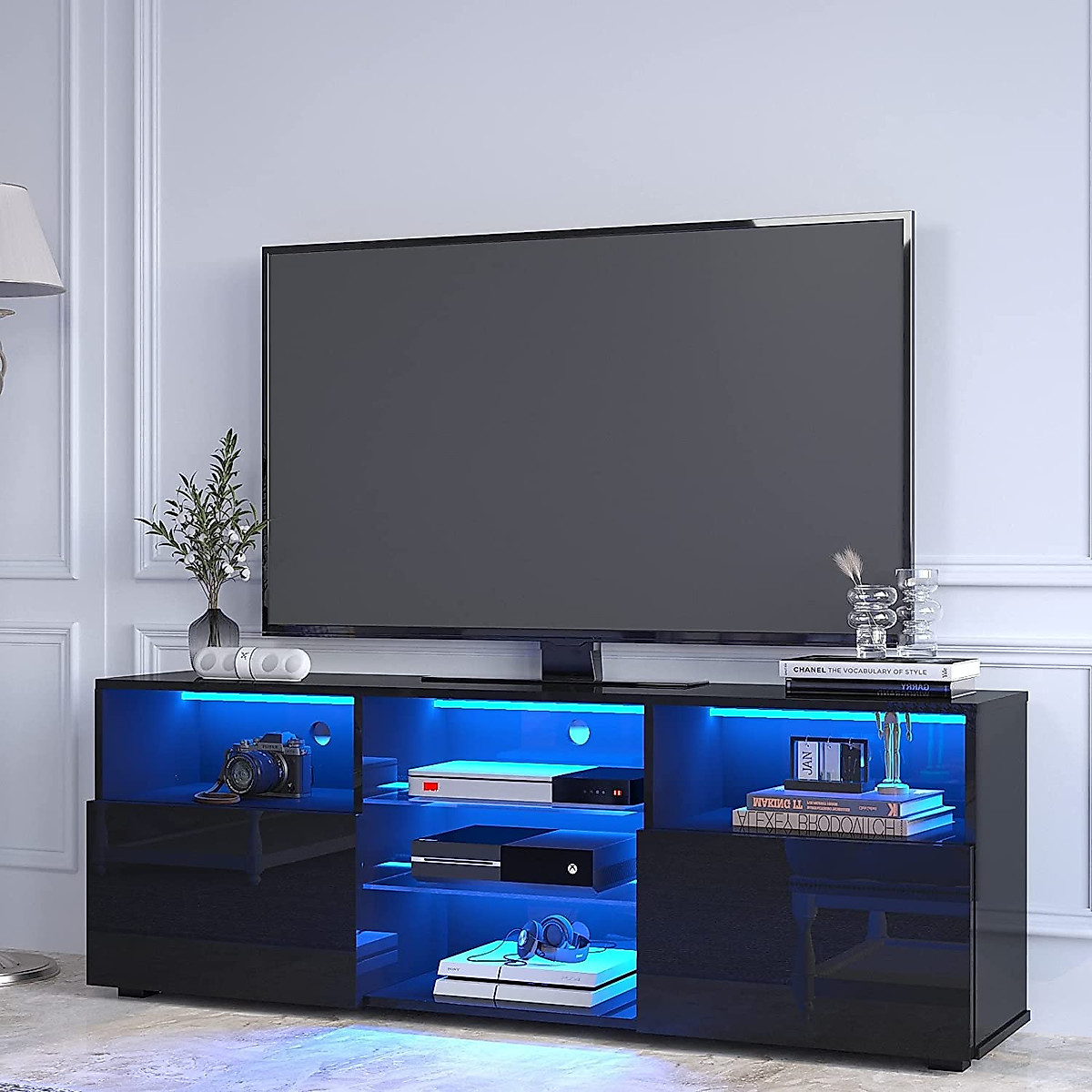 St.Mandyu LED TV Stand for 50/55/60 inch TV, Modern Television Table Center Media Console with Drawer and Led Lights, High Glossy Entertainment Center for Living Game Room Bedroom, Black¡