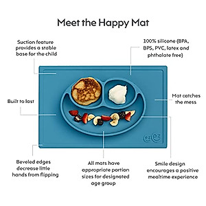 ezpz Happy Mat (Blue) New Version - 100% Silicone Suction Plate with Built-in Placemat for Toddlers + Preschoolers - Divided Plate - Dishwasher Safe