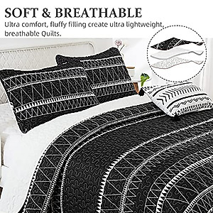 Black Quilt Set King, Black Striped Triangle Pattern Printed Bedspread Coverlet, 3 Pieces (1 Quilt + 2 Pillowcases), Soft Microfiber Bohemian Bedding Quilt Coverlet for Summer 90"x103"