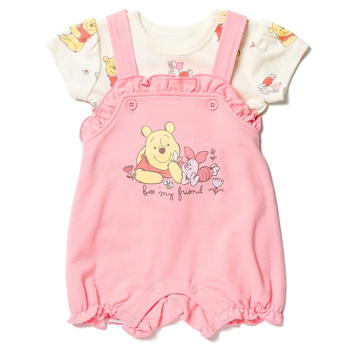 Disney Piglet Winnie the Pooh Newborn Baby Girls French Terry Short Overalls and T-Shirt Pink/White 0-3 Months