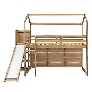 Merax Twin Size House Loft Bed with Slide and Storage Shelves, Wood Loft Bed for Boys & Girls (Natural)
