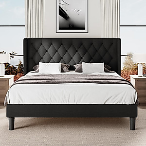 Einhomn King Size Upholstered Bed Frame with Wingback Headboard, Fabric Linen Platform Bed, 8" Under Bed Storage, Wooden and Metal Slats Support, No Box Spring Needed, Black