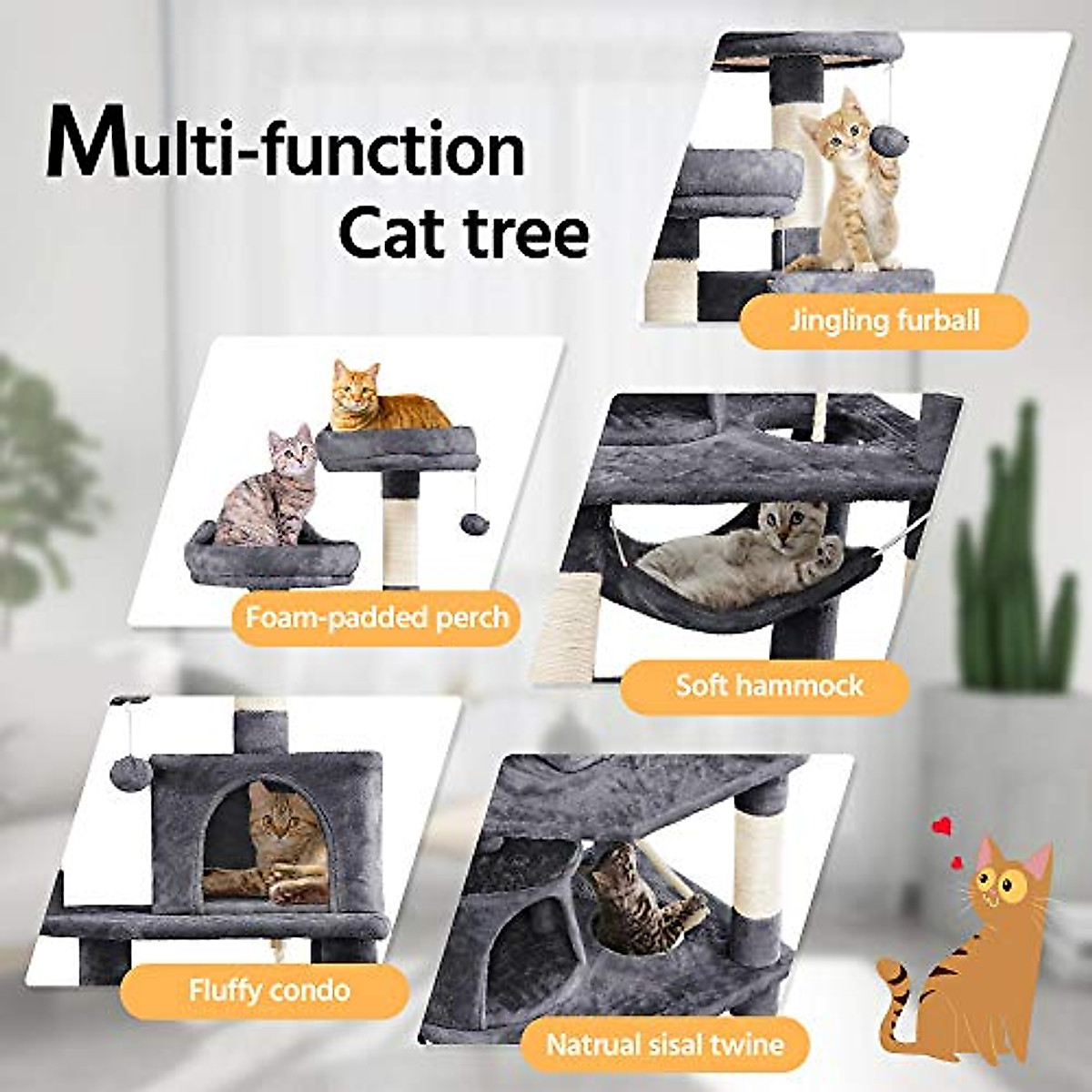 Yaheetech 62.2inches Cat Tree Cat Tower Cat Condo with Platform & Hammock, Scratching Posts for Kittens Pet Play House with Plush Perch for Indoor Activity Relaxing