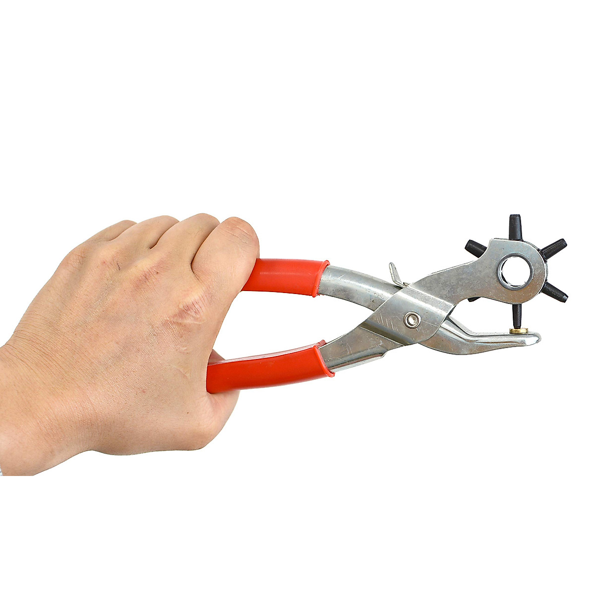 Leather Hole Punch Tool Set Heavy Duty 6 Size Revolving Leather Belt Hand Hole Puncher for Belts, Watch Bands, Straps, Dog Collars, Saddles, Shoes, Fabric, DIY Home or Craft Projects (9'', Silver/Red)