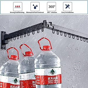 MYOYAY Wall Mounted Folding Clothes Hanger Space-Saver, Indoor/Outdoor Adjustable Clothes Drying Rack, 220 LBS Retractable Dry Coat Hanger for Laundry Room, Storage Organiser Instant Closet,Black